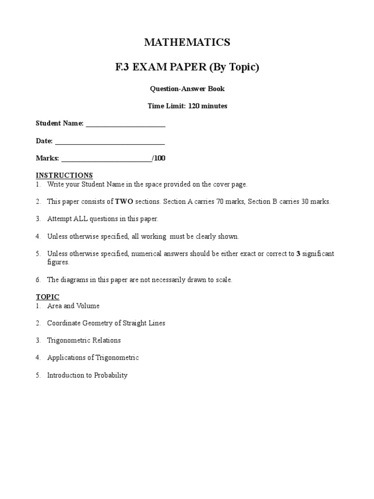 F.3 Exam Paper (By Topic) | PDF | Trigonometric Functions | Geometry