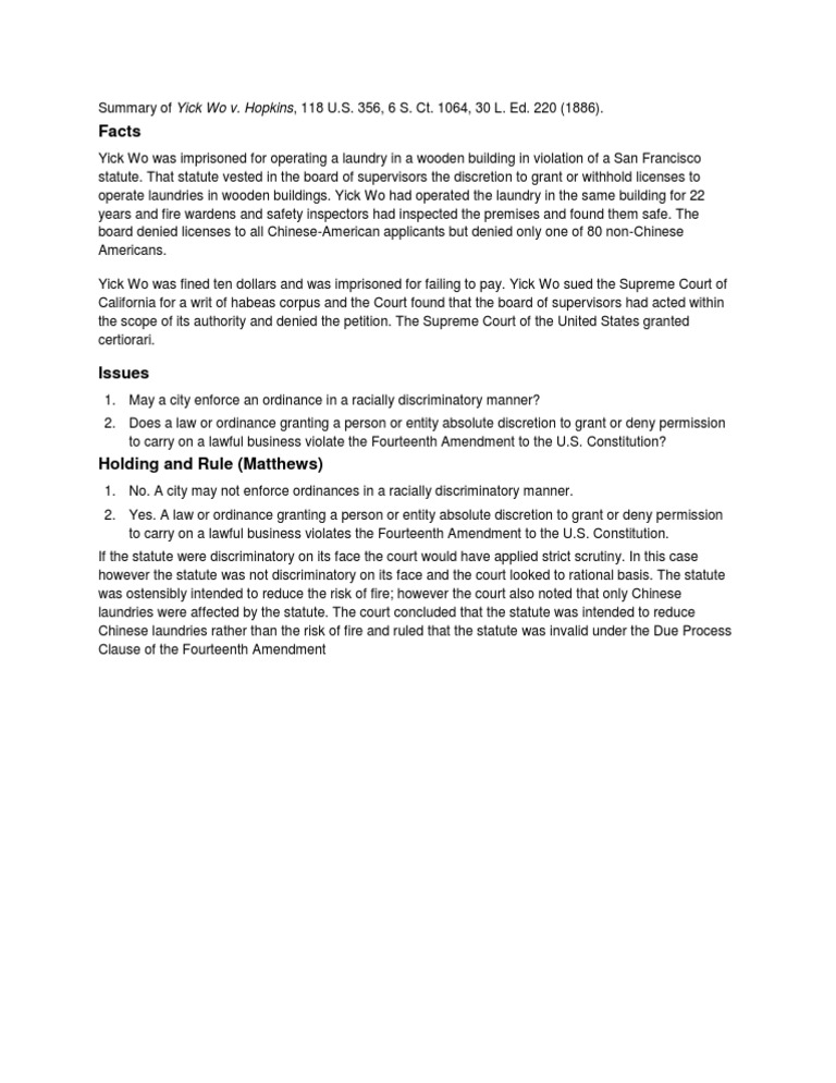 Yick Wo Vs Hopkins 118us356 Case Digest | PDF
