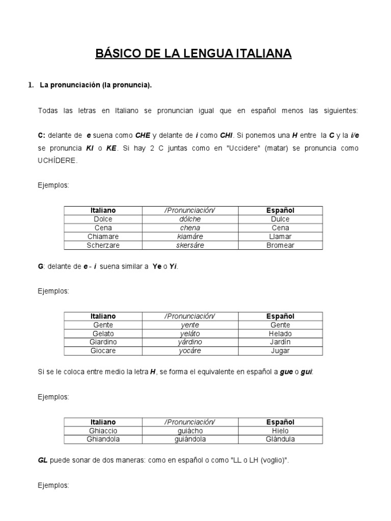 Guía Básica de Italiano: Pronunciación y Frases | PDF | Artes del ...