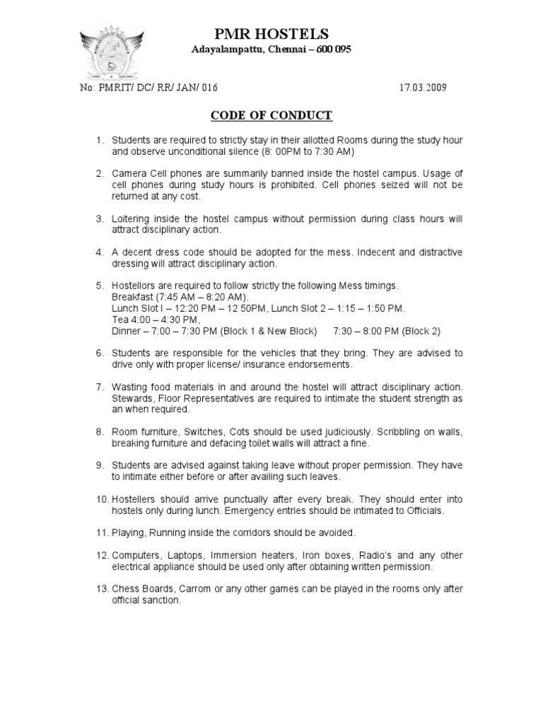 Hostel Rules Gen Discipline | PDF