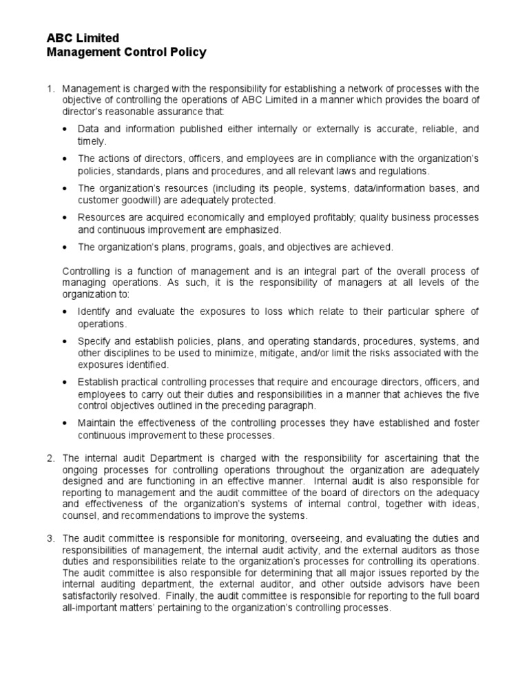 Management Control Policy | PDF | Internal Audit | Audit Committee