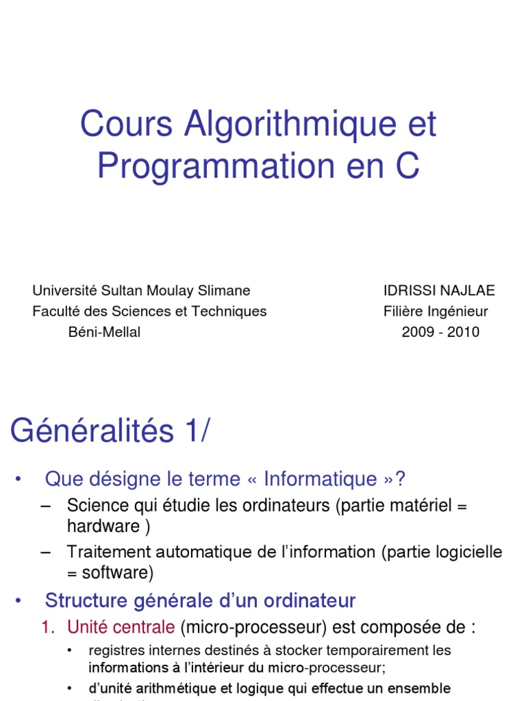 Cours Algorithmique Et Programmation en C | PDF | C (Langage de programmation) | Structure de ...