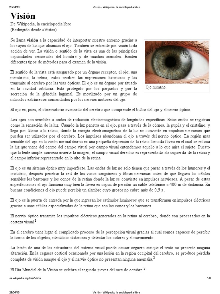 Visión - Wikipedia, La Enciclopedia Libre | PDF | Percepción visual | Ojo