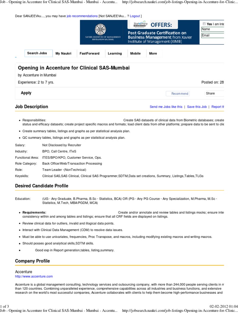 Job - Opening in Accenture For Clinical SAS-Mumbai - Mumbai - Accenture ...