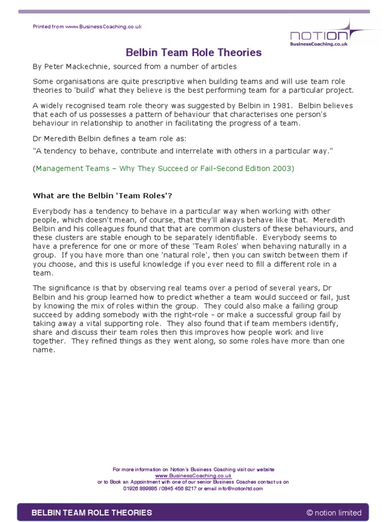 Belbin Team Role Theories Pdf Leadership Psychological Concepts
