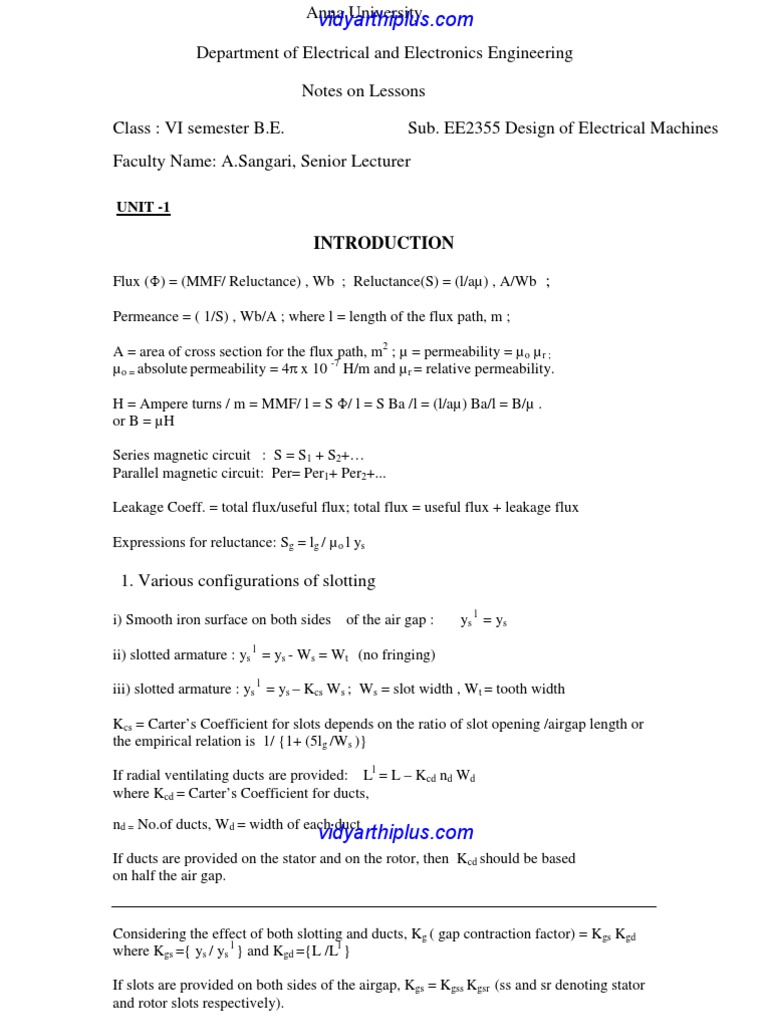 Design of Electrical Machines Notes | PDF | Transformer | Electric Motor