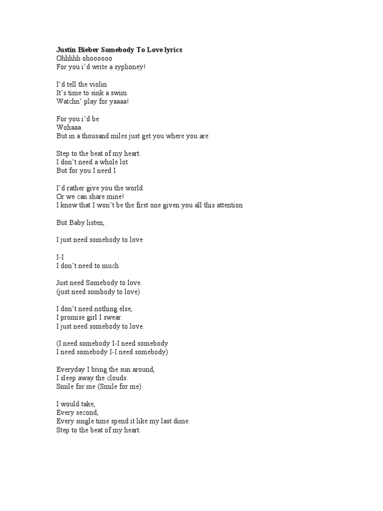 Justin Bieber Somebody To Love Lyrics | PDF | Leisure | Entertainment ...