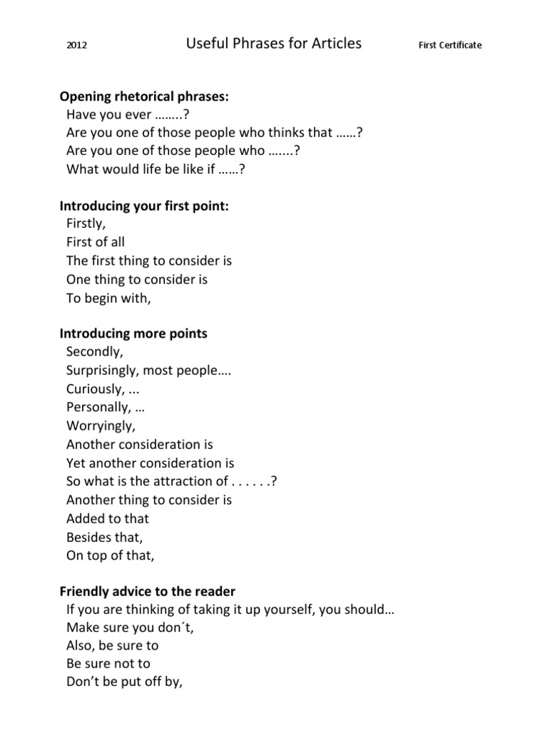 Useful Phrases For Articles-1 | PDF | Syntax | Grammar