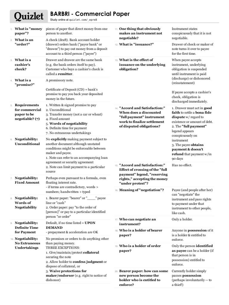 Commercial Paper Outline | PDF | Promissory Note | Negotiable Instrument
