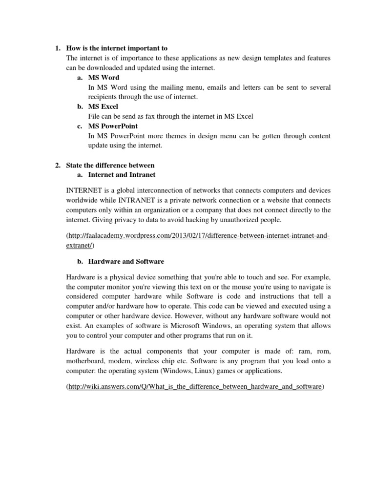1. How is the internet important to a. MS Word b. MS Excel c. MS ...