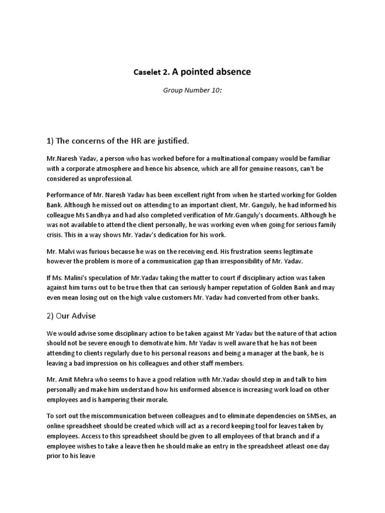 Caselet 2. A pointed absence - Disciplinary action for Mr. Yadav | PDF | Business