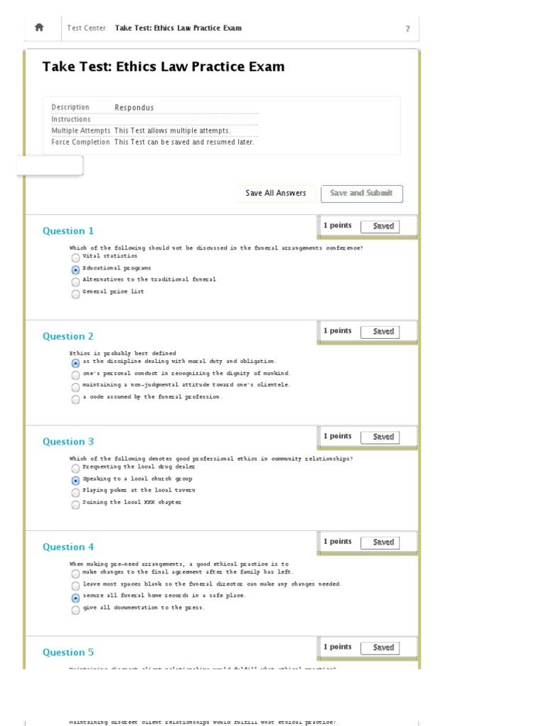Take Test: Ethics Law Practice Exam FUNERAL SERVICE NATIONAL BOARD ...