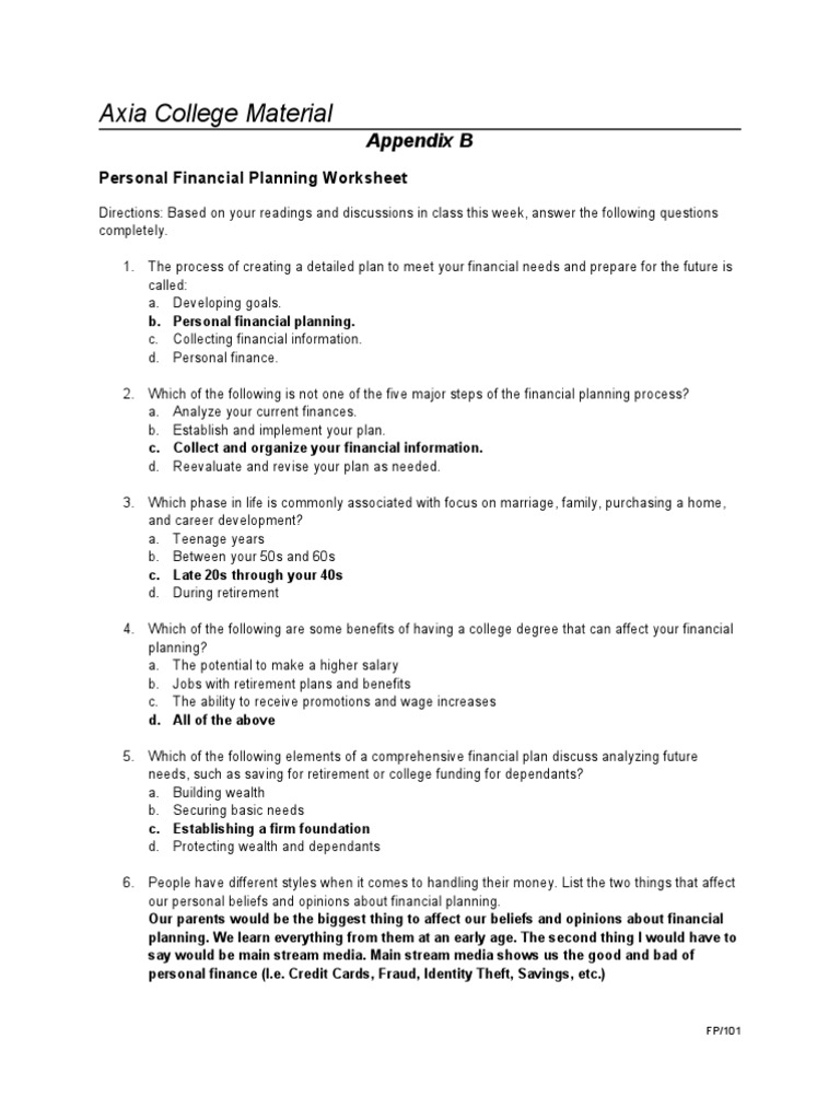 Week 1 Assignment 1 Personal Finance Worksheet | PDF | Financial Plan ...