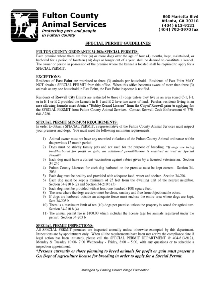 Fulton Co. GA Special Dog Permit Guidelines Form | PDF | Dogs | Animals ...