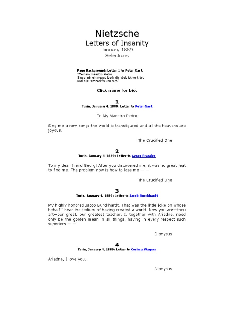 Nietzsche's Letters of Insanity | PDF | Friedrich Nietzsche | Wellness