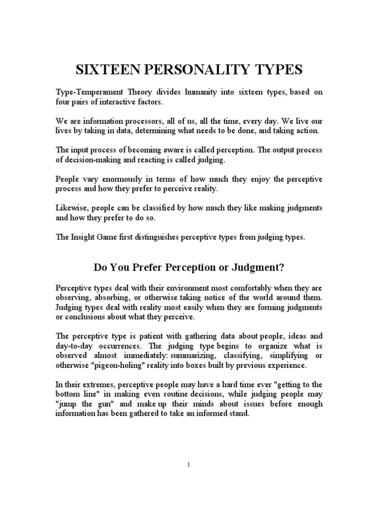 Sixteen Personality Types: Do You Prefer Perception or Judgment? | PDF | Extraversion And ...