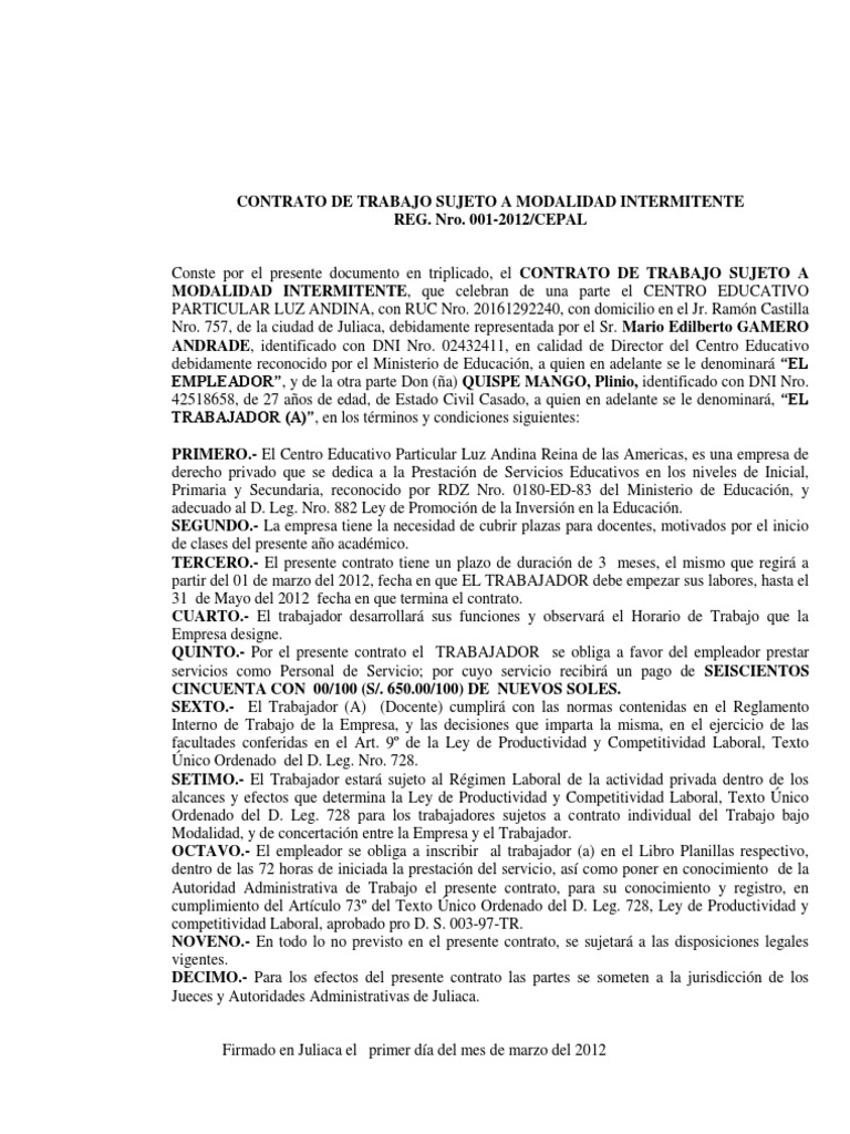 Contrato de Trabajo Sujeto A Modalidad Intermitente | PDF | Derecho laboral | Información del ...