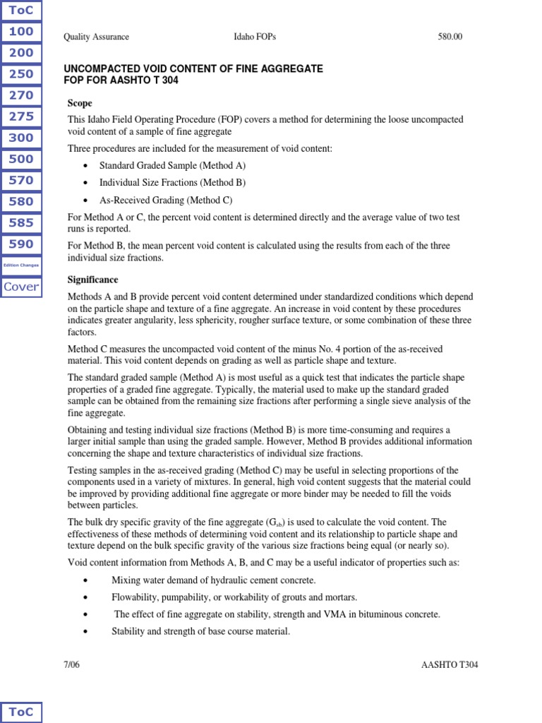 Uncompacted Void Content of Fine Aggregate Fop For Aashto T 304 Scope ...