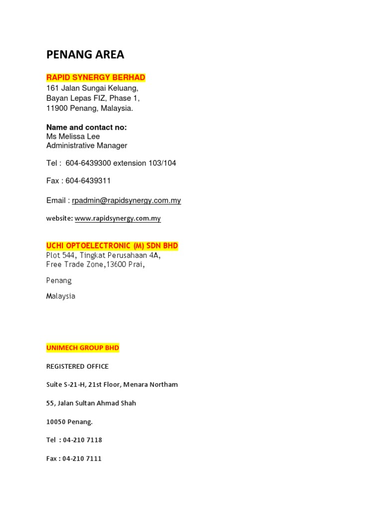Companies in Penang Industrial Zones | PDF | Business