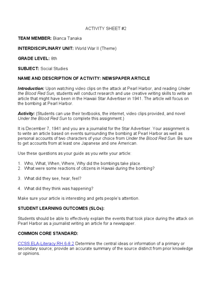 1 Activity Sheet | PDF | Attack On Pearl Harbor | Cognition
