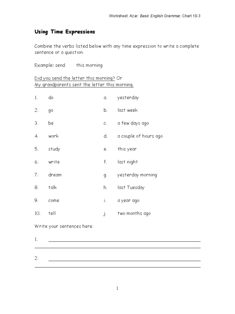 Using Time Expressions: Worksheet: Azar: Basic English Grammar, Chart ...