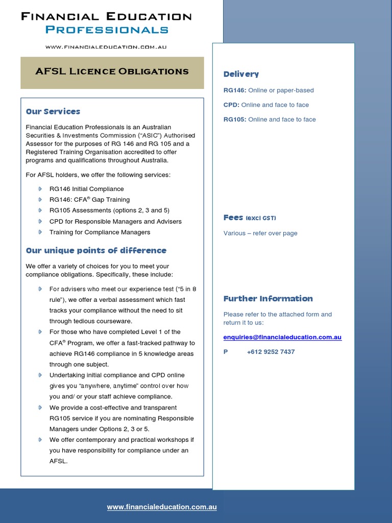 AFSL Licence Obligations PDF | PDF | Regulatory Compliance | Risk ...