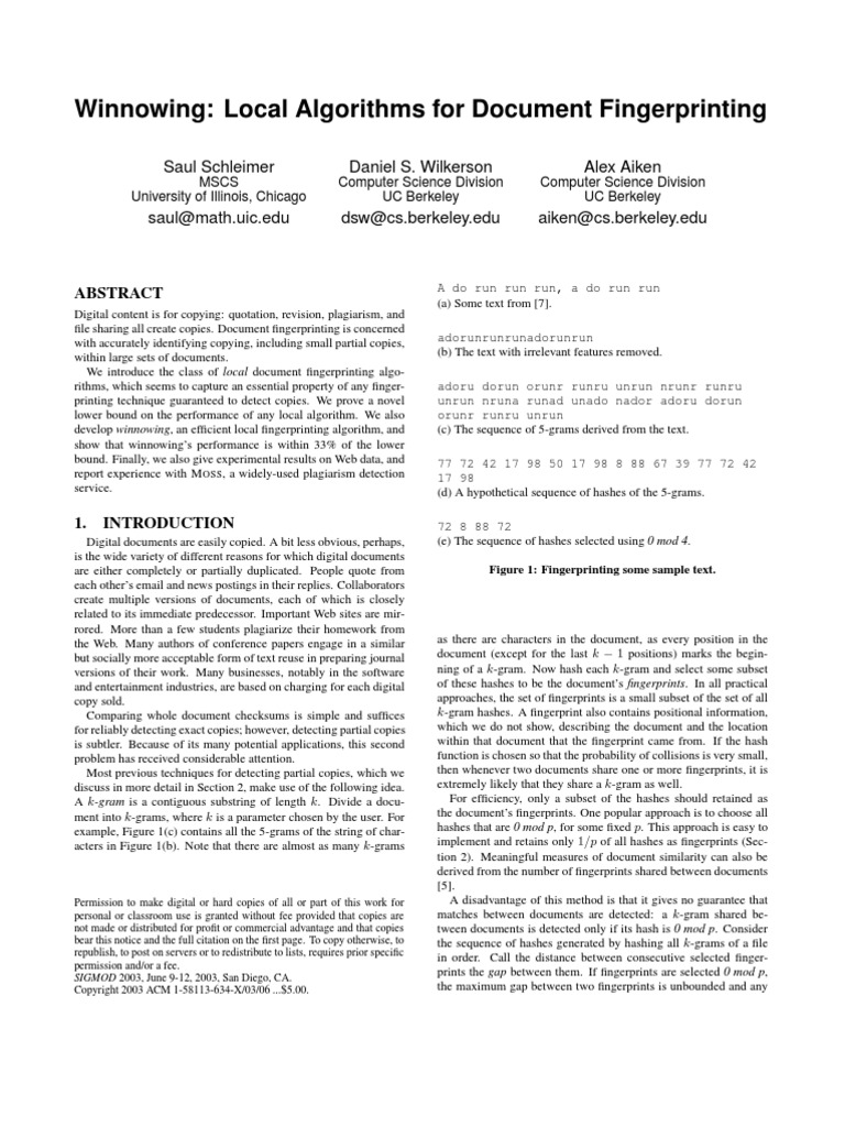 Winnowing: Fingerprinting Algorithm | PDF | Areas Of Computer Science ...