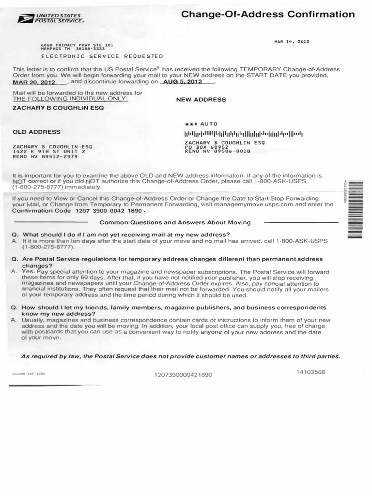 3 14 12 USPS Change of Address Confirmation Form 1422 E. 9th | PDF ...