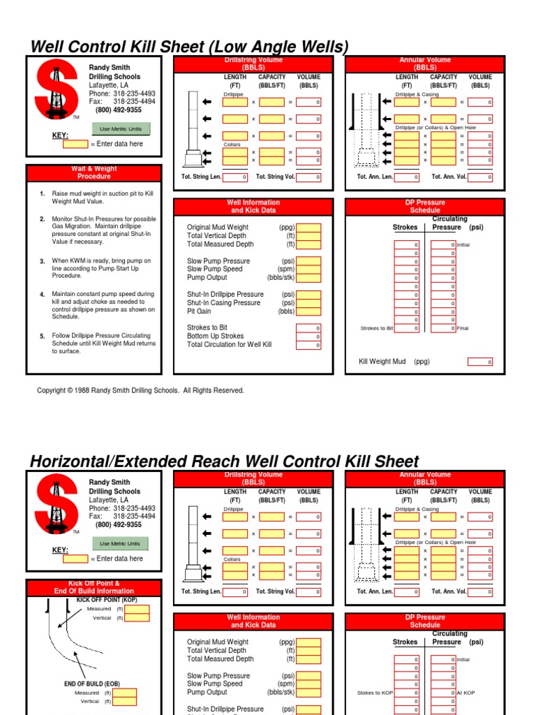 Well Control Kill Sheet (Low Angle Wells) : (BBLS) Drillstring Volume ...