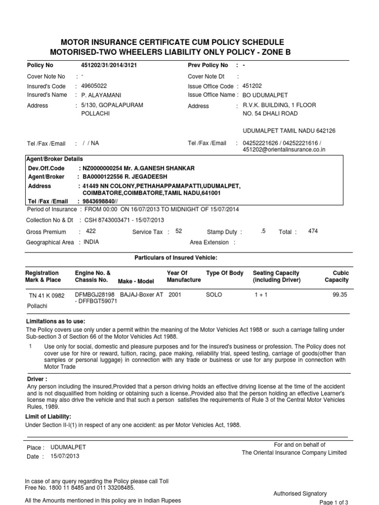 Motorised-Two Wheelers Liability Only Policy - Zone B Motor Insurance ...