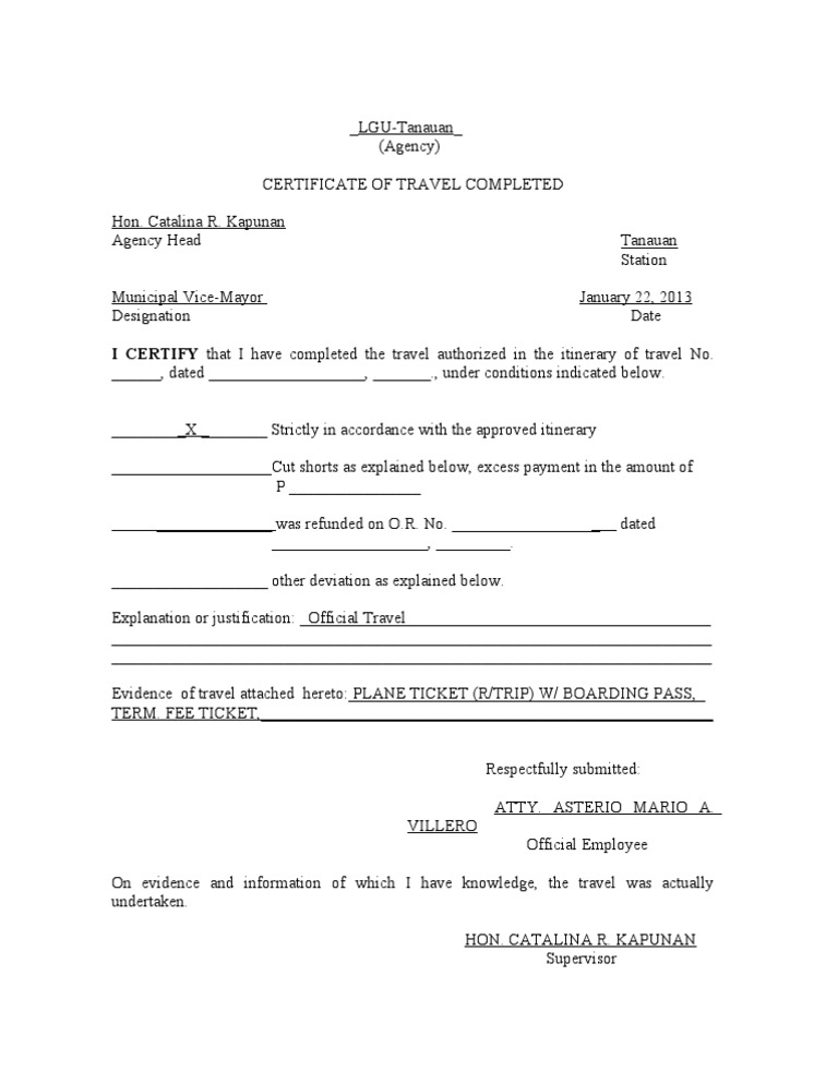 Certificate of Travel Completed | PDF