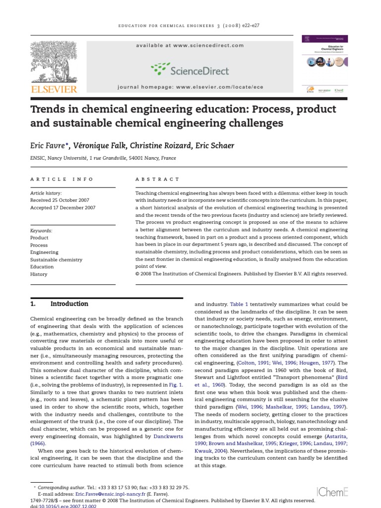 Trends in Chemical Engineering Education Process, Product and ...