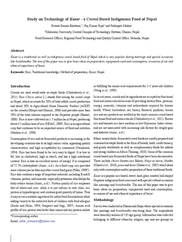 Study on Technology of Kasar - a Cereal Based Indigenous Food of Nepal ...