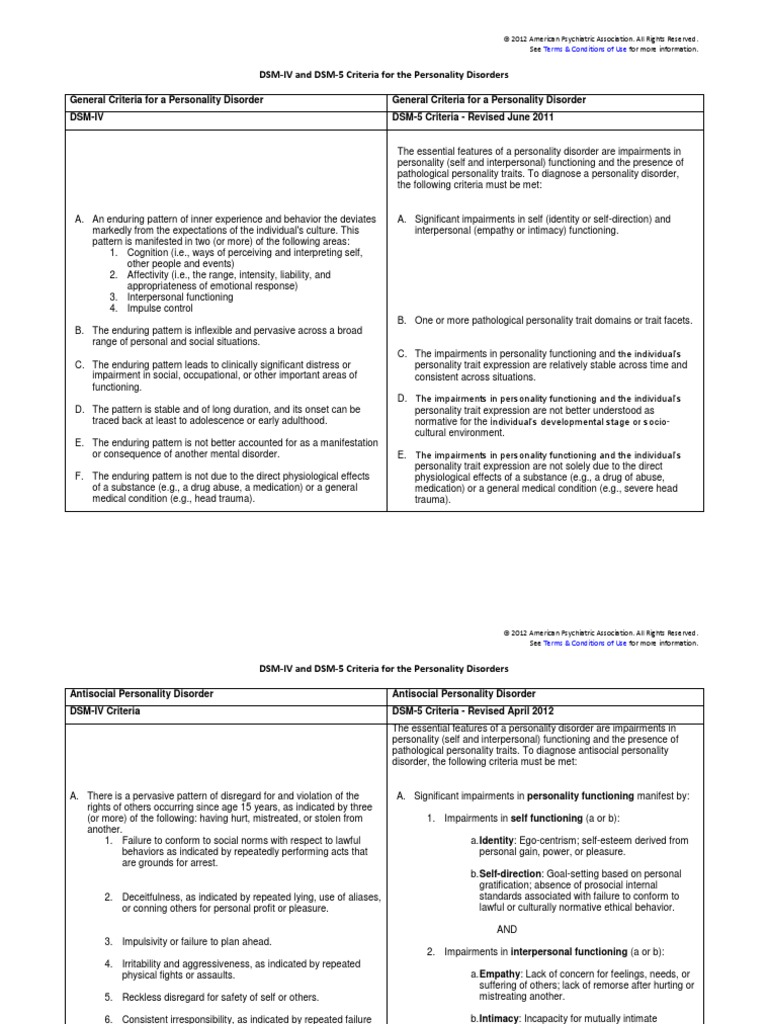 DSM-IV and DSM-5 Criteria For The Personality Disorders 5-1-12 | PDF ...
