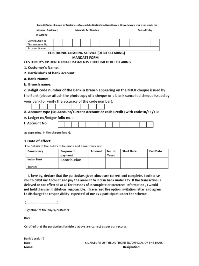 ECS Debit Mandate Form | PDF
