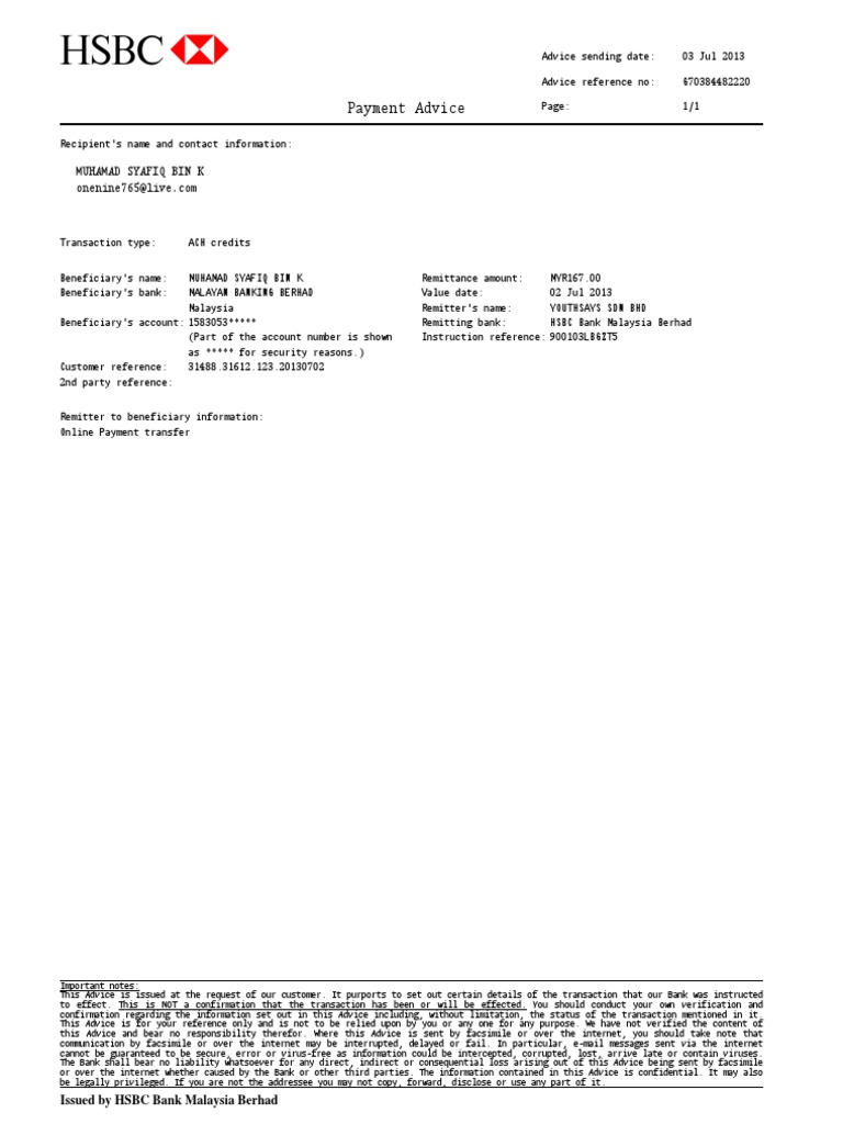HSBC Malaysia Payment Advice Form | PDF