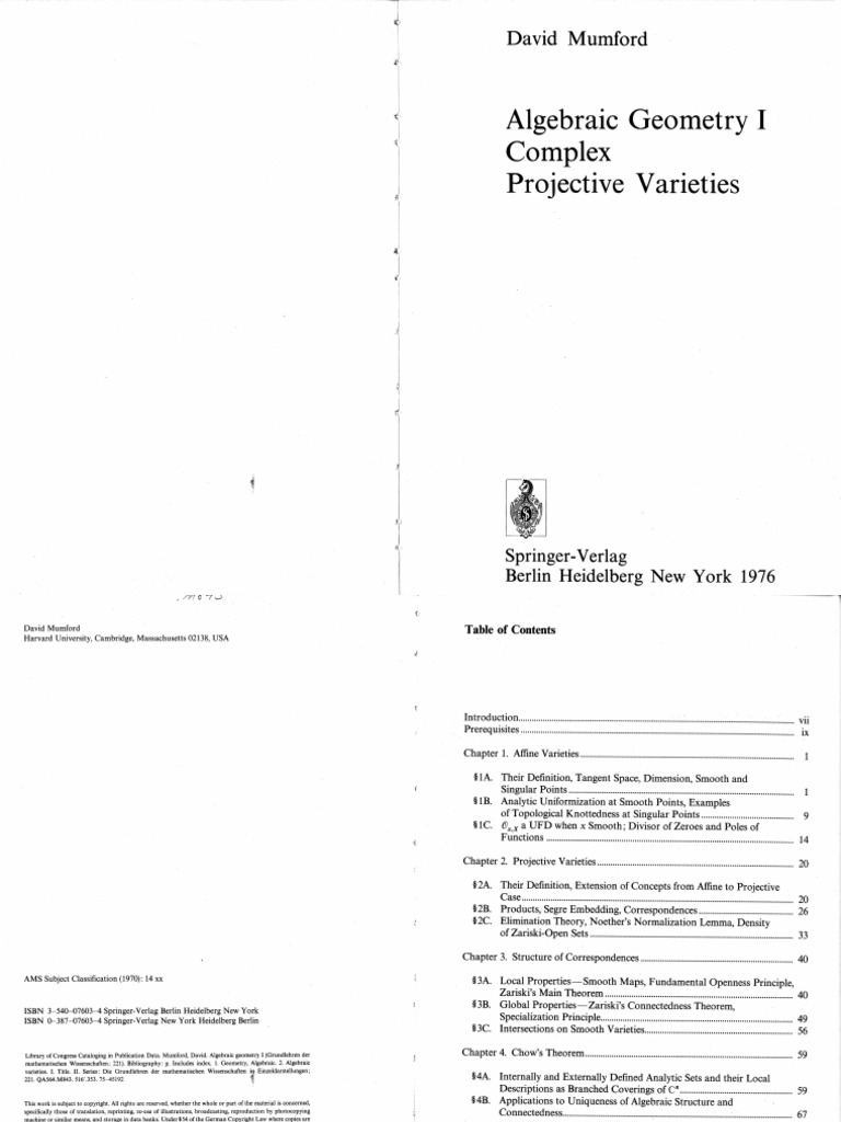 Mumford Algebraic Geometry I Complex Projective Varieties 1976