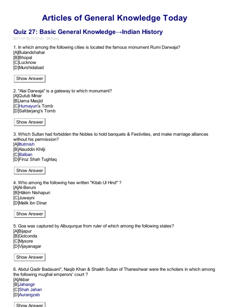 Indian History Quiz: General Knowledge | PDF | Religion & Spirituality