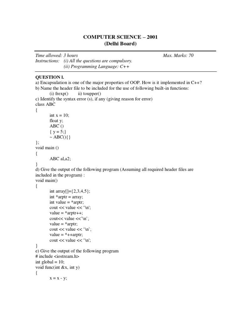 Computer Science 2001 Question Paper | PDF | Array Data Structure | C (Programming Language)