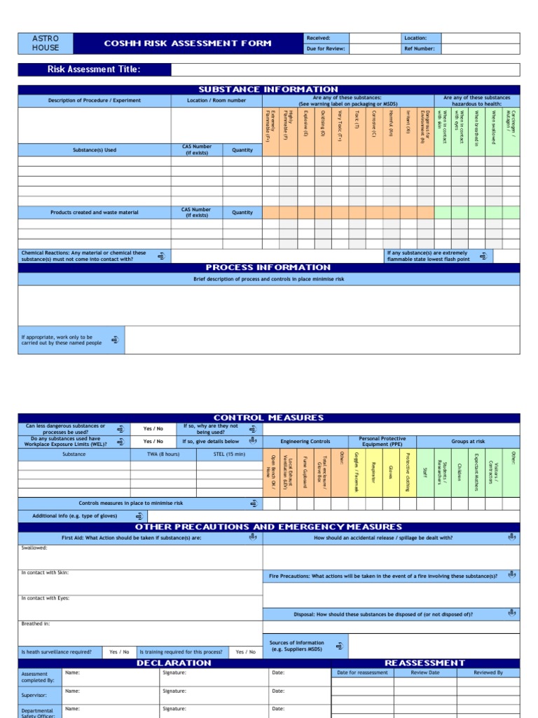 COSHH Form Template | Personal Protective Equipment | Chemical Substances