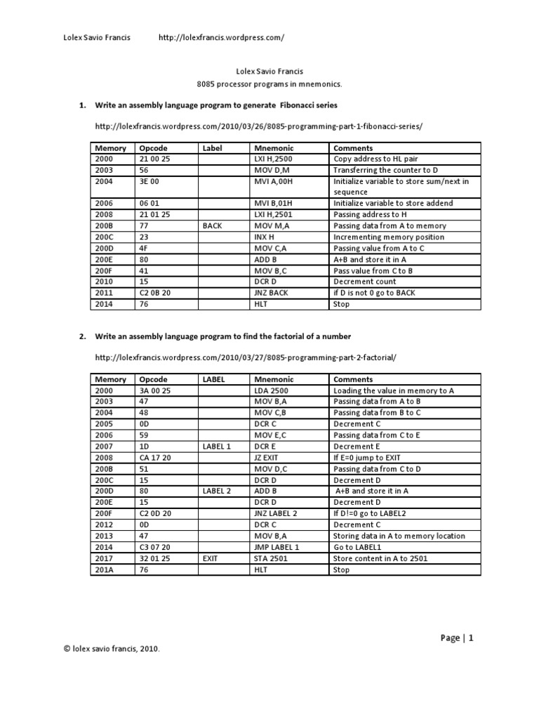 8085 Programs Mnemonics Assembly Language Office Equipment 
