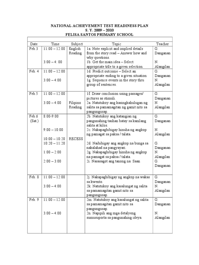 National Achievement Test Readiness Plan | PDF