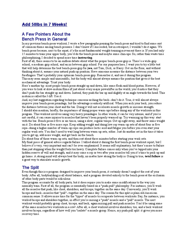 50lbs Bench Press Gain in 7 Weeks | PDF | Shoulder | Physical Exercise