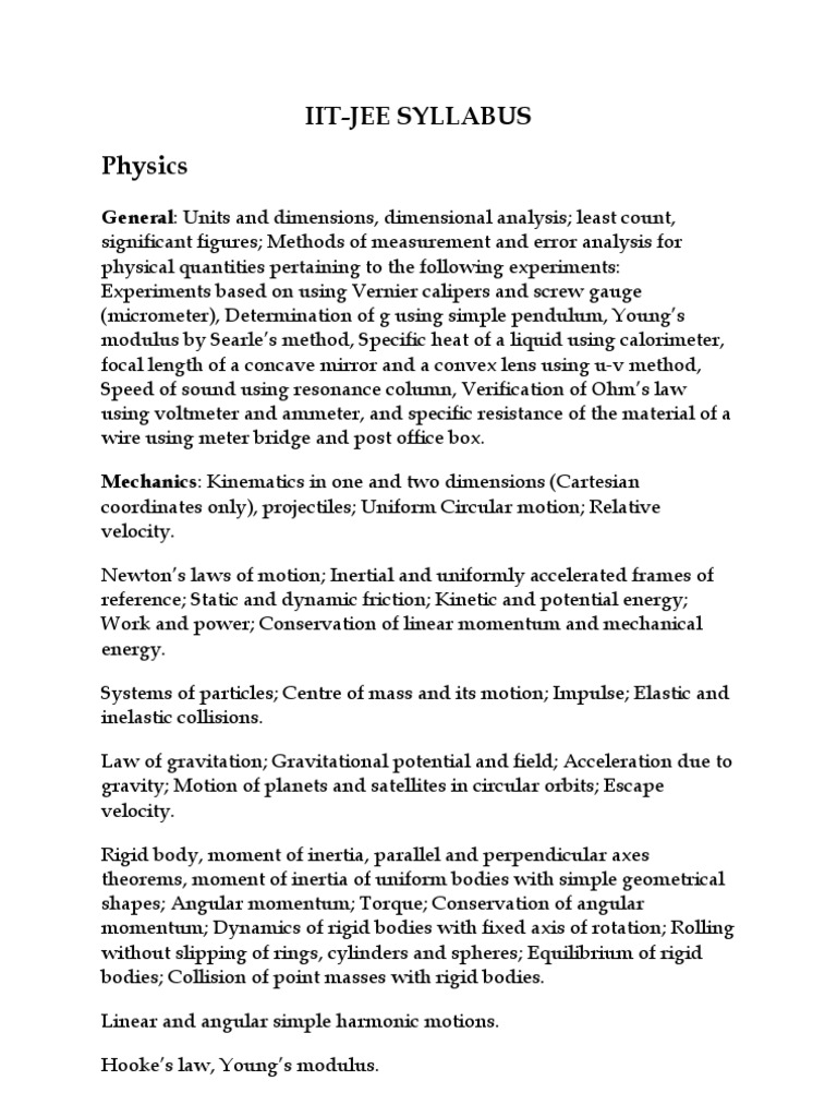 Iit-Jee Syllabus Physics: General: Units and Dimensions, Dimensional ...