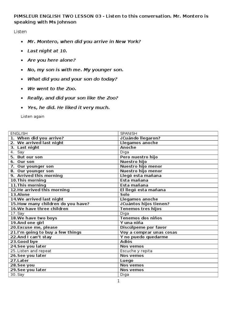 Lección Número 03 de Pimsleur English For Spanish Speakers Nivel 2 ...