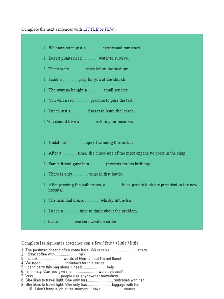 Little vs. Few: Grammar Exercises | PDF | Foods