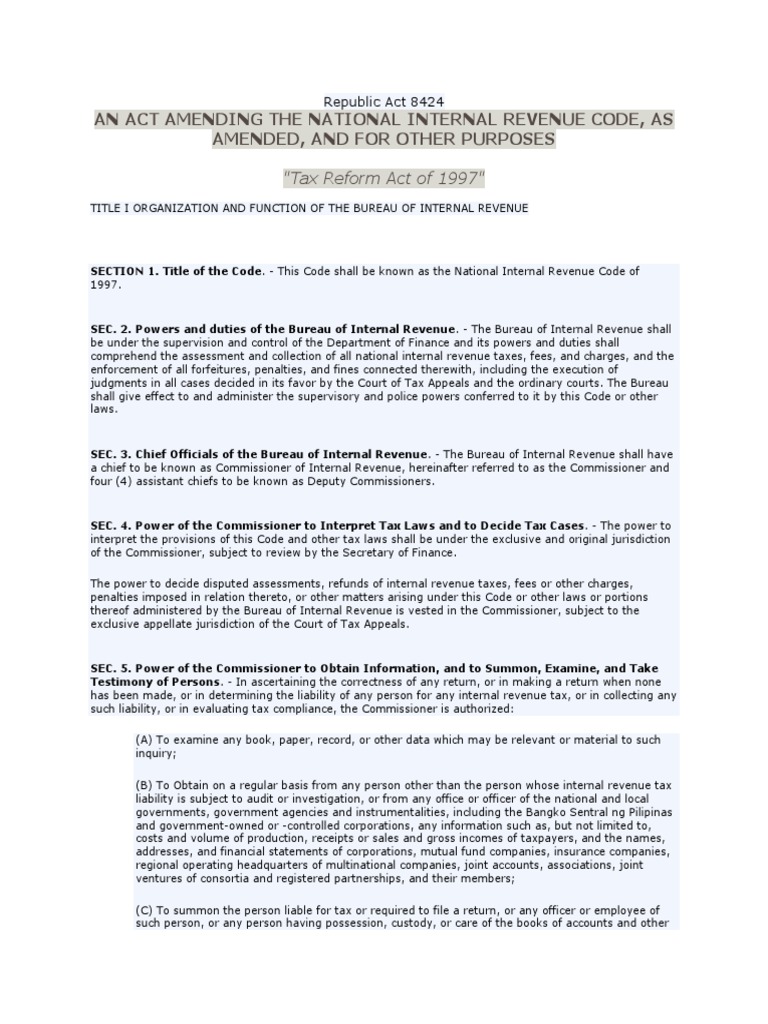 Republic Act 8424 | PDF | Internal Revenue Service | Taxpayer