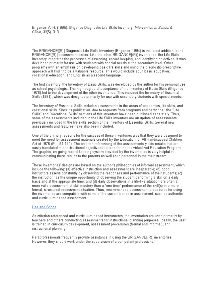 The BRIGANCE Diagnostic Life Skills Inventory | PDF | Learning | Teaching