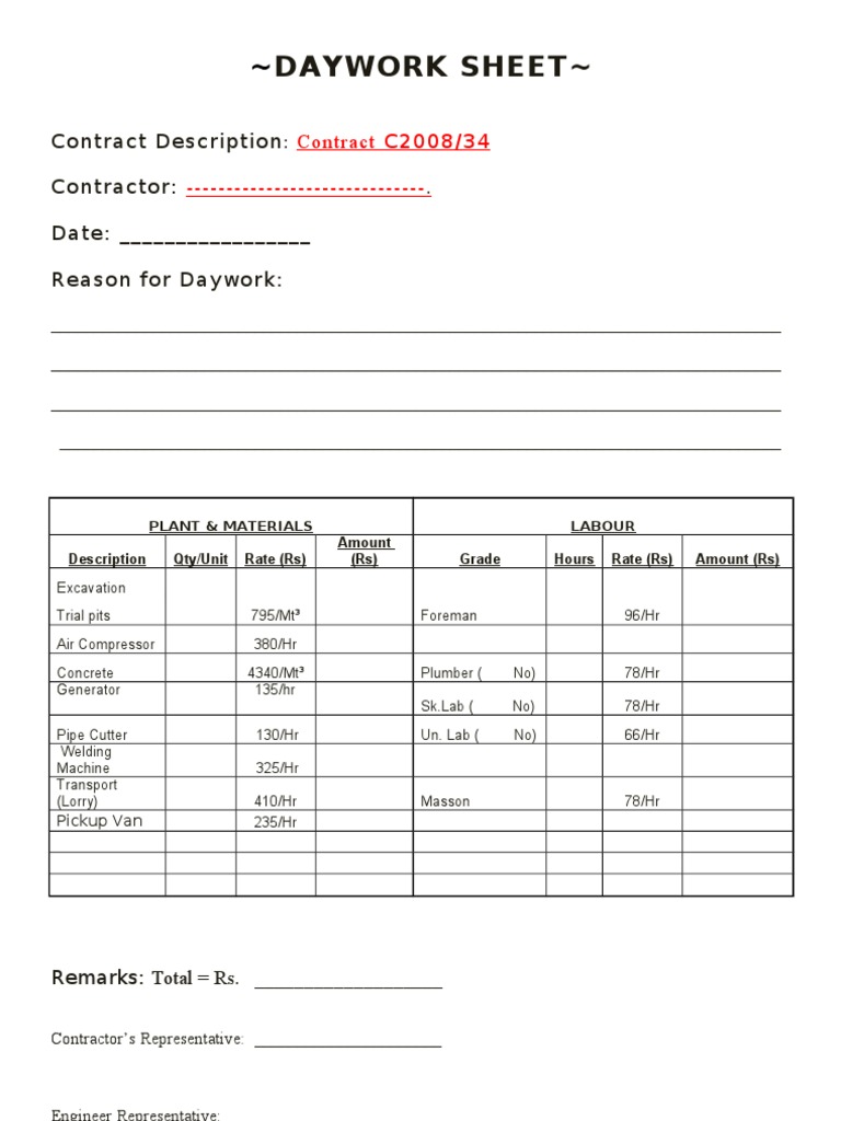 Daywork Sheet Format | PDF | Technology & Engineering