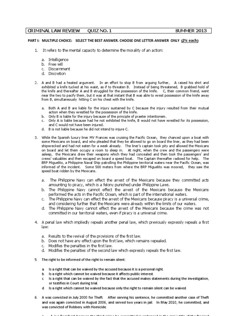 Criminal Law Quiz: MCQs and Answers | PDF | Intention (Criminal Law ...